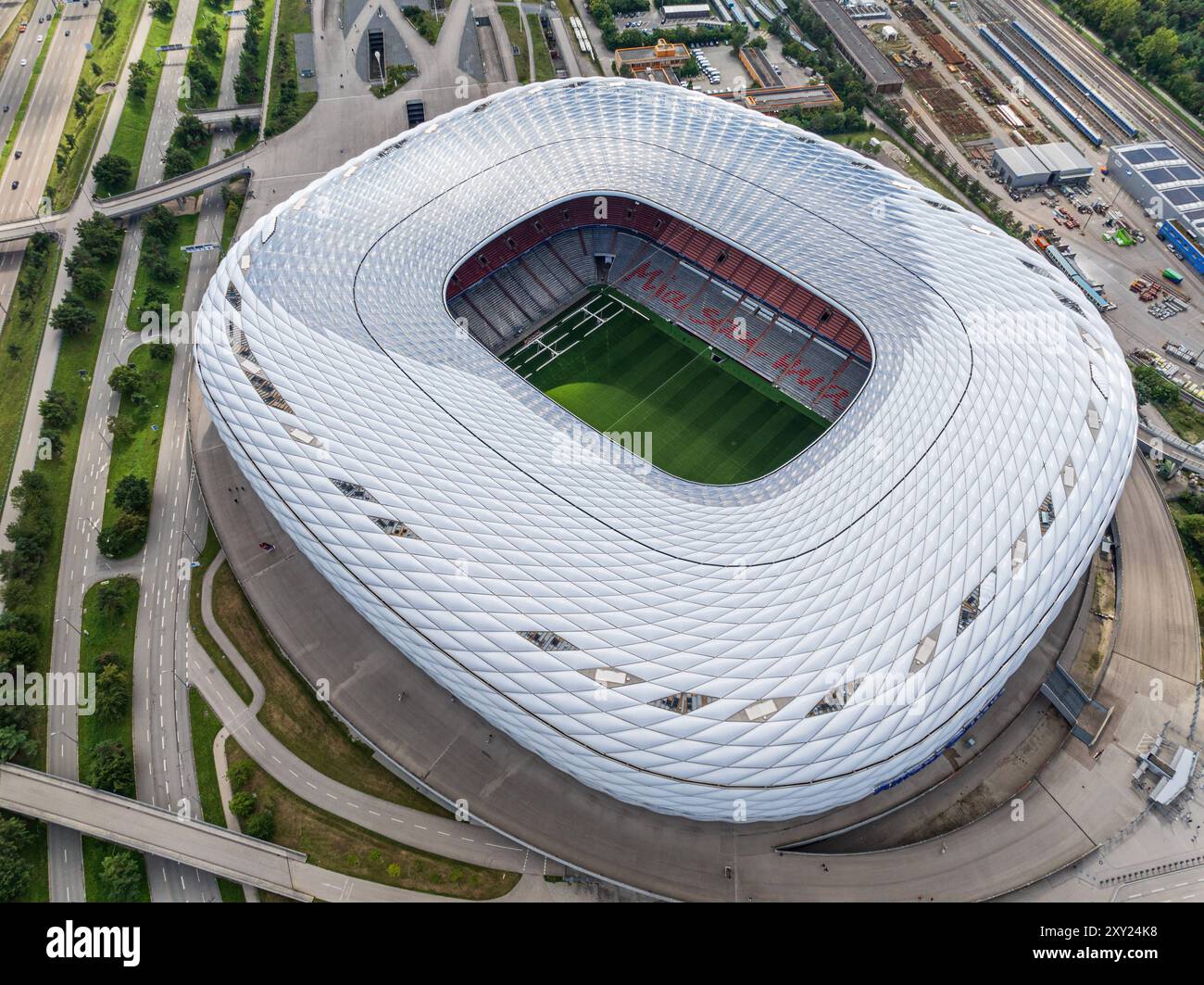 MUNICH, GERMANY - AUGUST 27: Aerial view of the Allianz soccer arena on ...