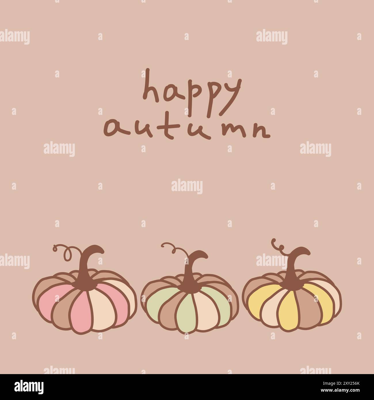 Happy autumn greeting with colorful pumpkins on a soft peach background ...