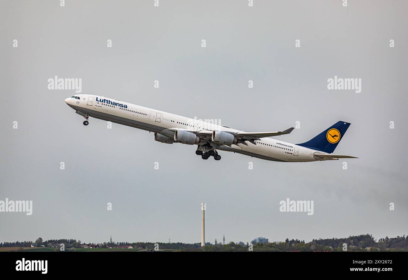 Munich, Germany, 7th Apr 2024: An Airbus A340-642X from Lufthansa is in ...