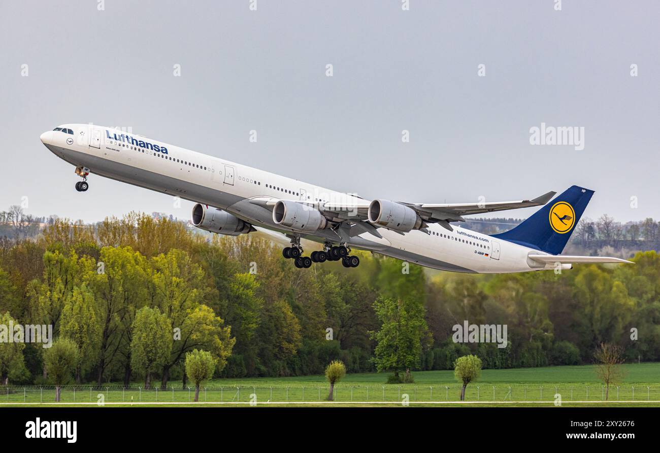 Munich, Germany, 7th Apr 2024: A Lufthansa Airbus A340-642X is in its initial climb after take ...