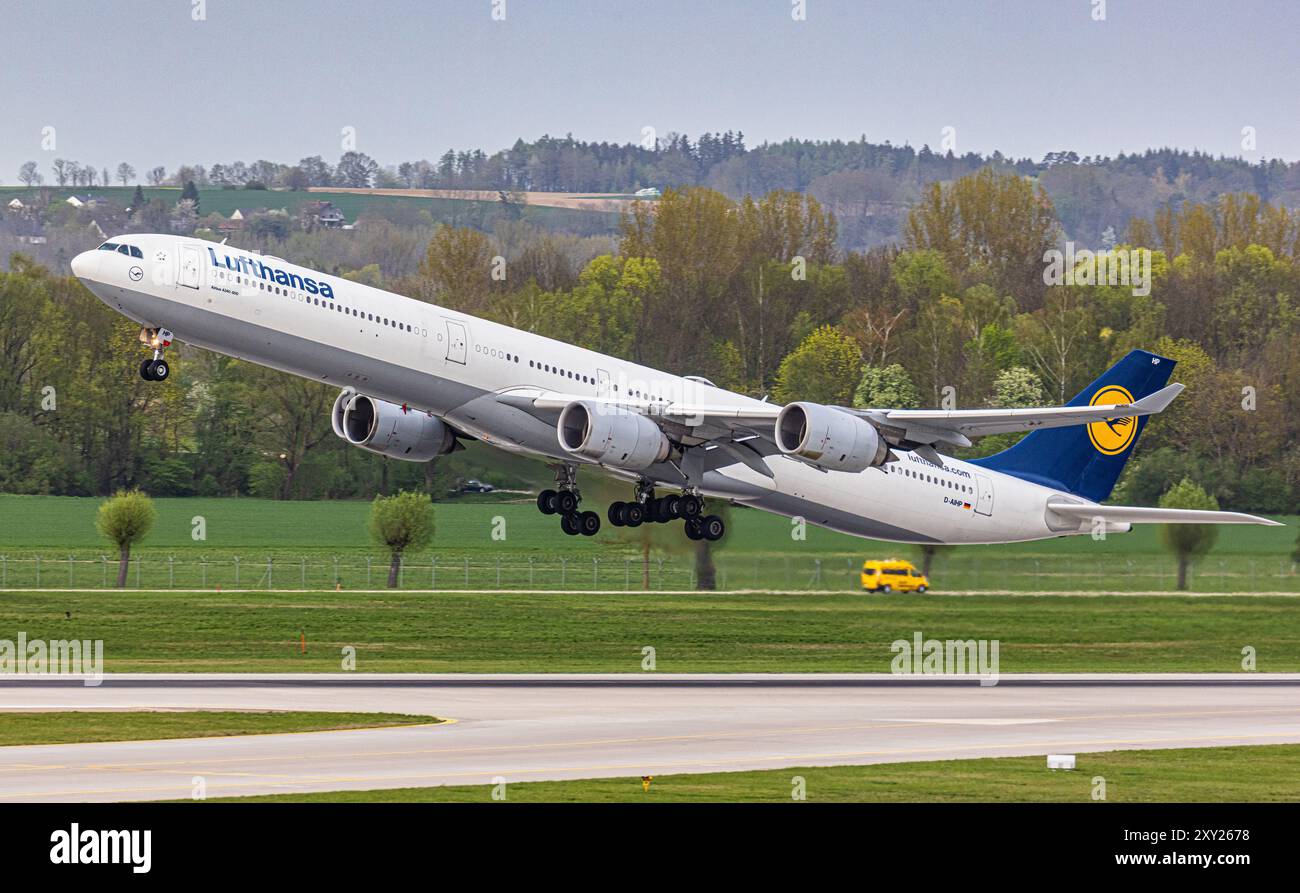 Munich, Germany, 7th Apr 2024: A Lufthansa Airbus A340-642X takes off ...