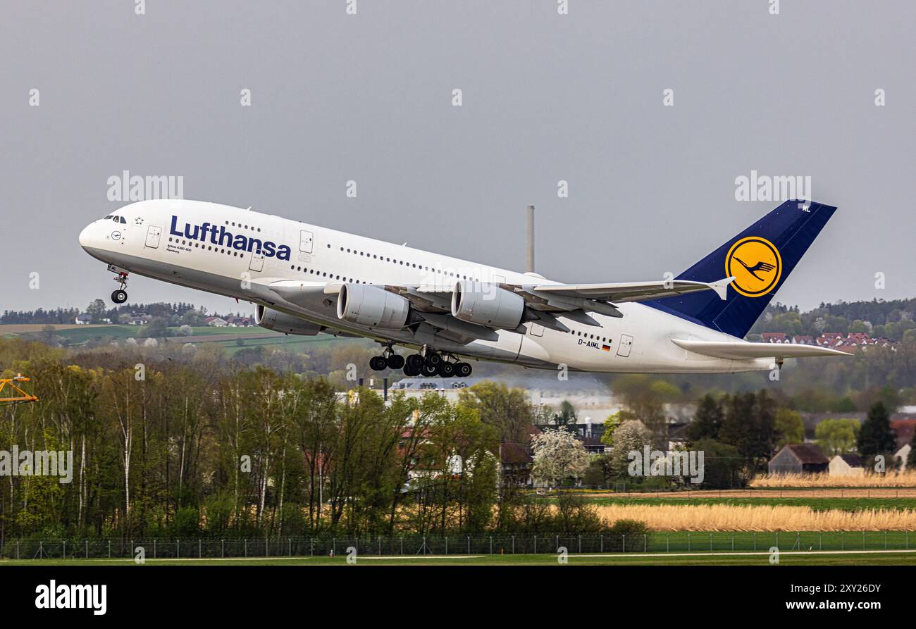 Munich, Germany, 7th Apr 2024: A Lufthansa Airbus A380-861 is in its ...