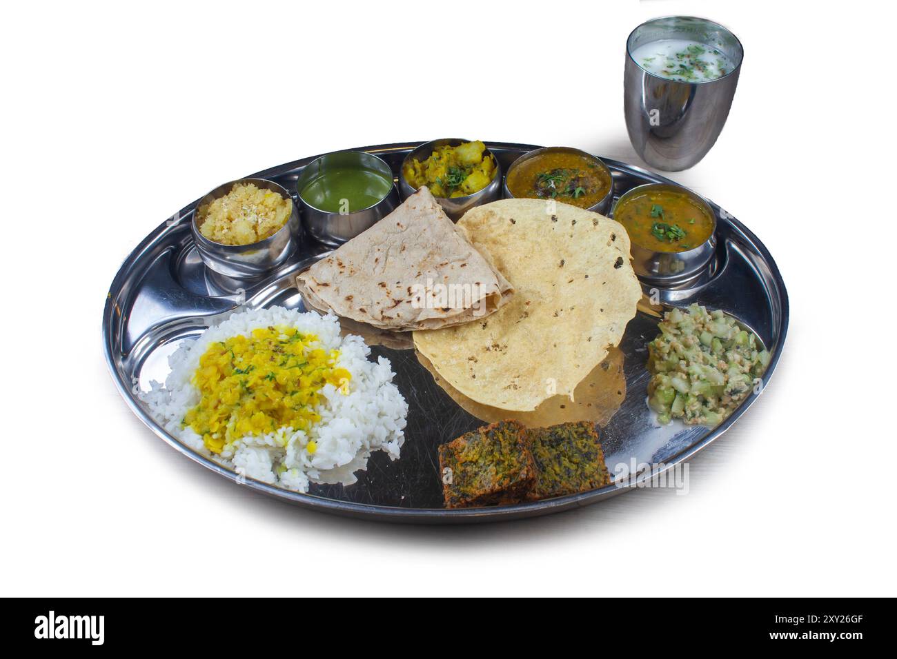 Vegetarian Indian thali, Indian home food with lentil dal, paneer, roti ...