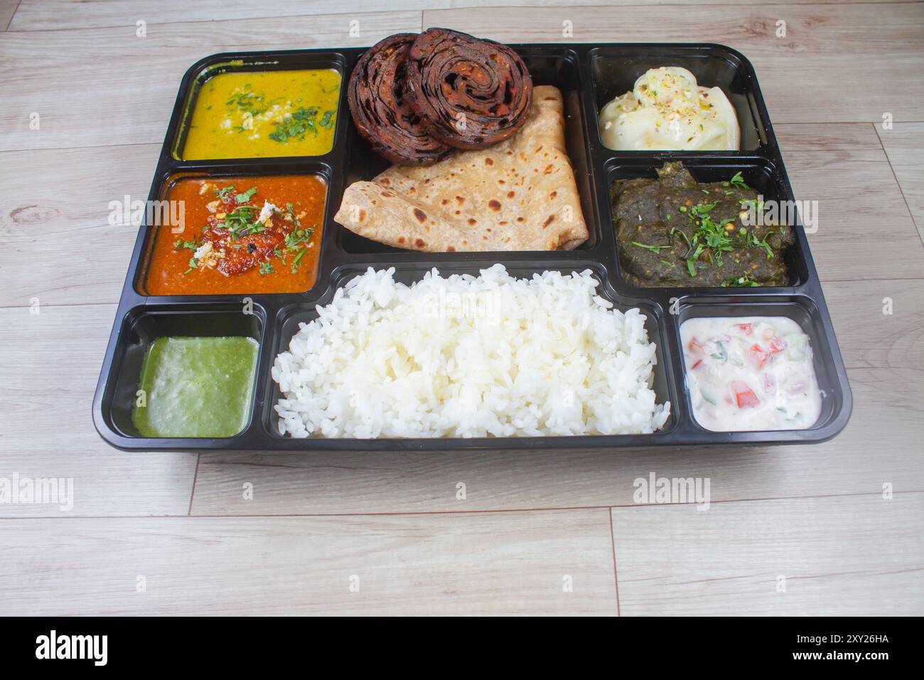 Vegetarian Indian thali, Indian home food with lentil dal, paneer, roti ...