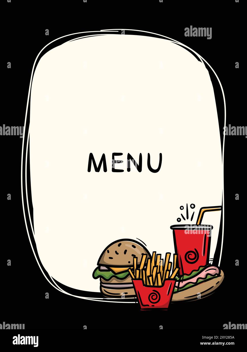 Simple black hand drawn menu template. Fast food frame design. Vector ...