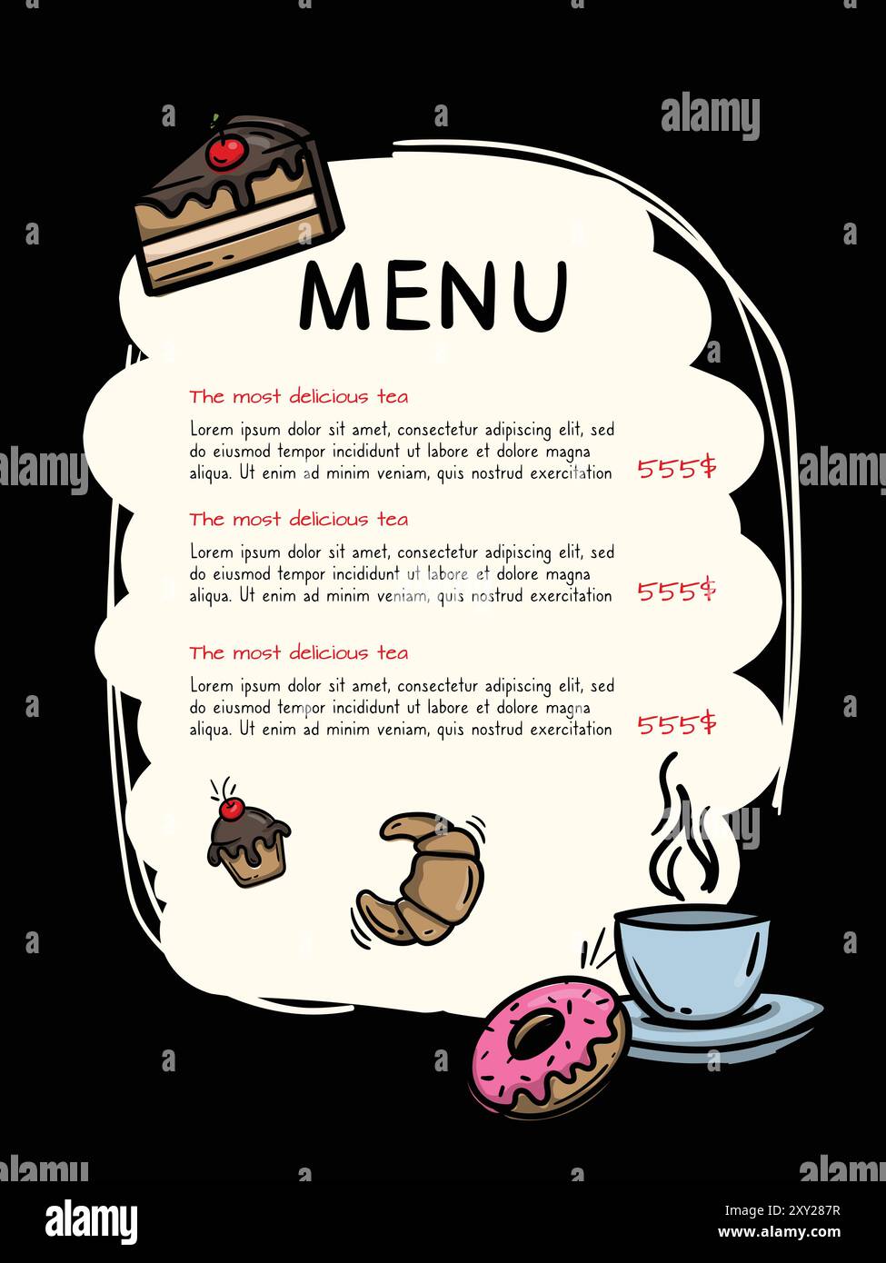 Simple menu template. Vector illustration of cake, brownie, donut ...