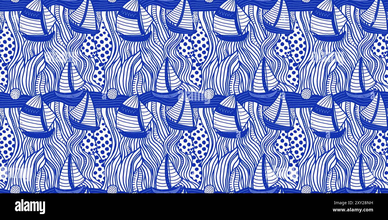 Coastal sail boat in azure ocean blue seamless border background ...