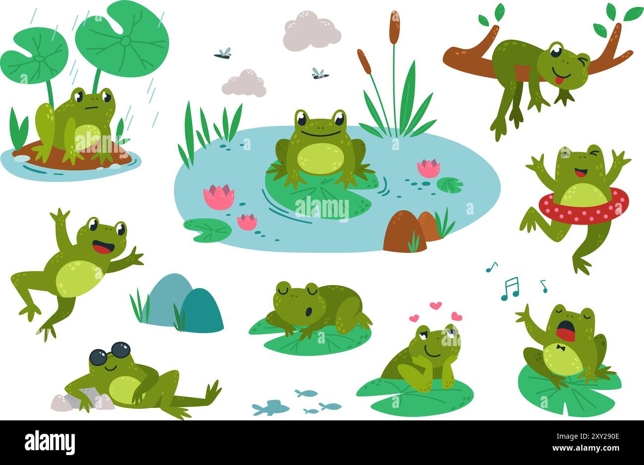 Cartoon frog. Green frogs on pond or swamp. Toads in love, sleeping ...