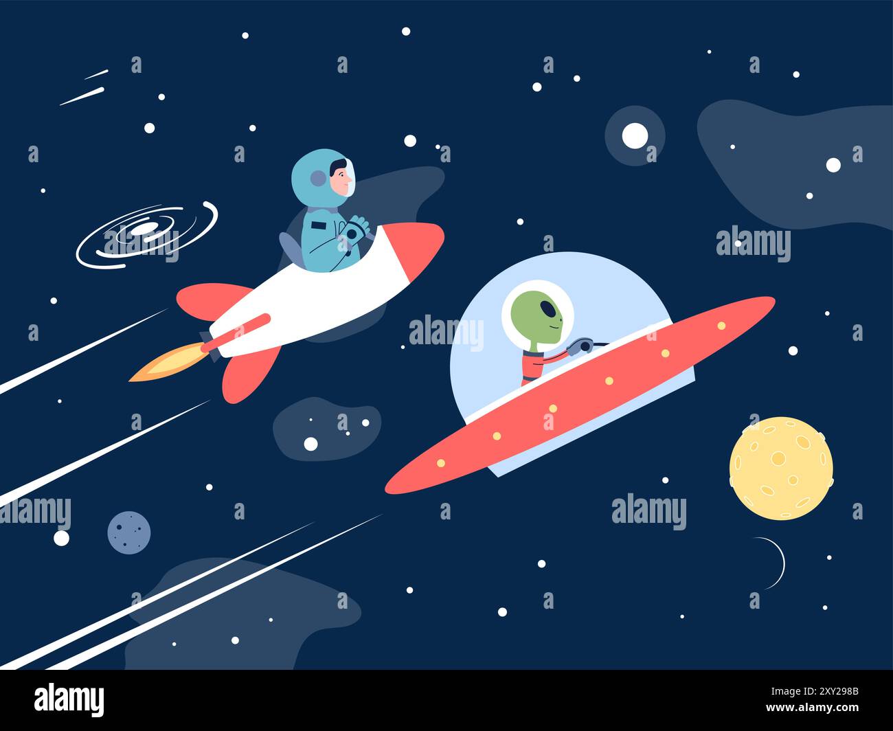 Racing in cosmos. Astronaut and green skin alien in space ships flying ...