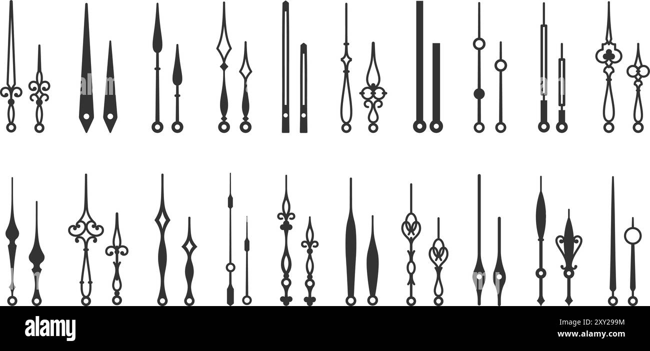 Clock arms. Black hands of clocks, isolated time pointers various ...