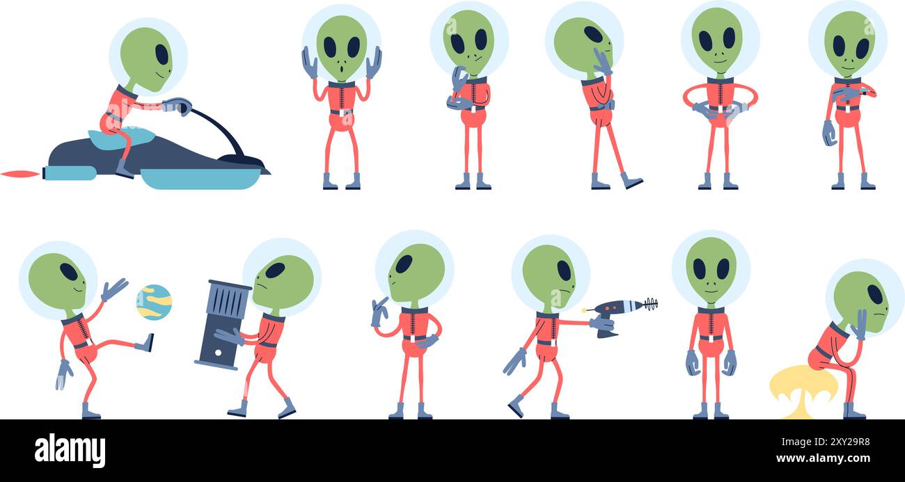 Aliens characters. Ufo people, cartoon flat alien in spacesuit ...