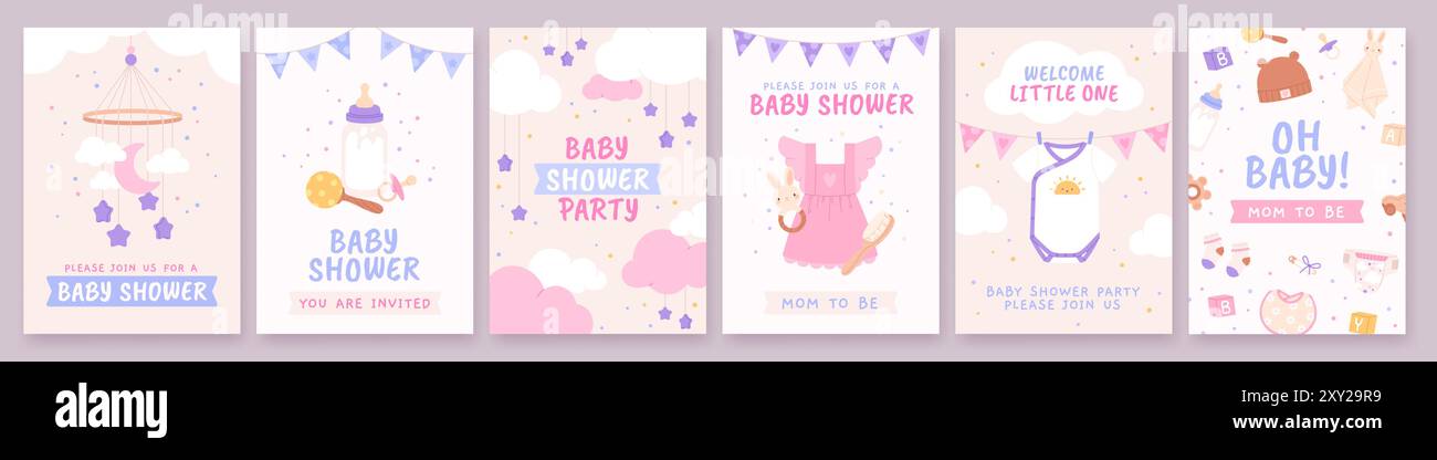 Baby shower invitation cards design. Babies elements, clothes toys ...