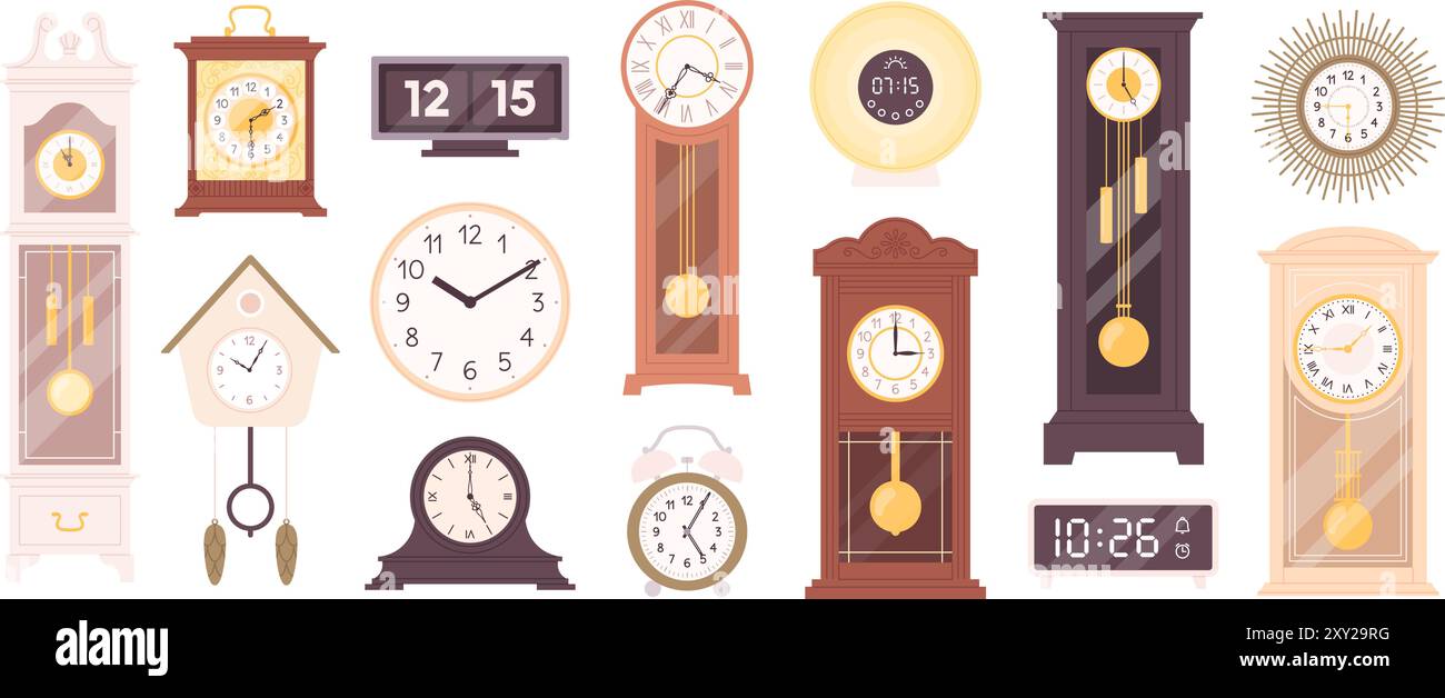 Different cartoon clocks. Retro style mechanical watches, modern ...