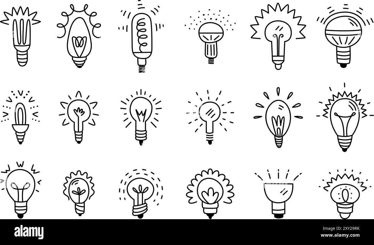 Doodle idea bulbs. Lamp bulb with expression signs and rays. Emotional ...