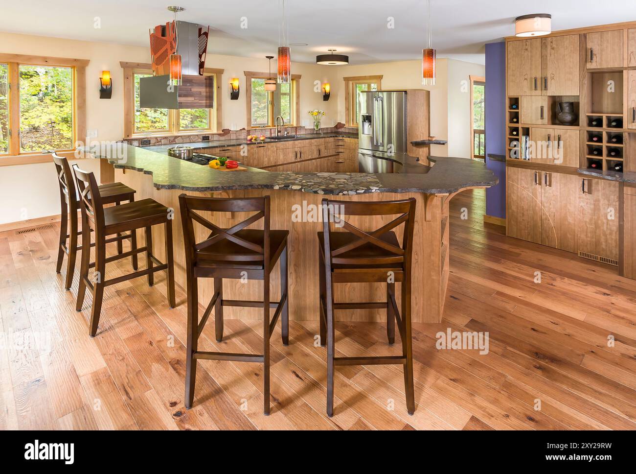 Large kitchen with circular and irregularly shaped countertop Stock ...