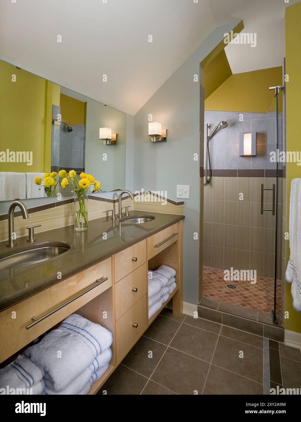 Narrow remodeled bathroom with colorful walls and walk-in shower Stock ...