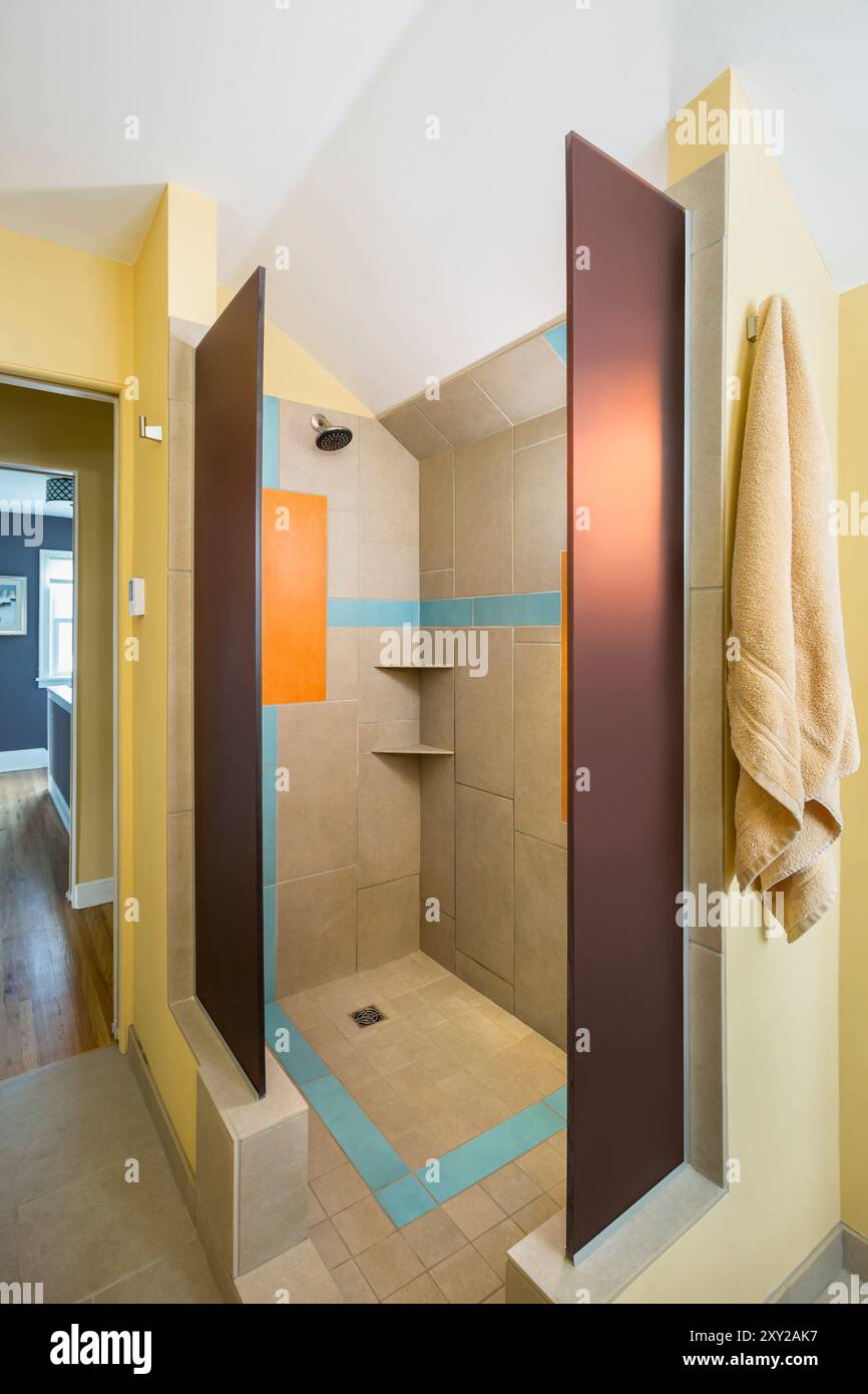 Walk-in shower with dark red 3Form panels at entrance Stock Photo - Alamy