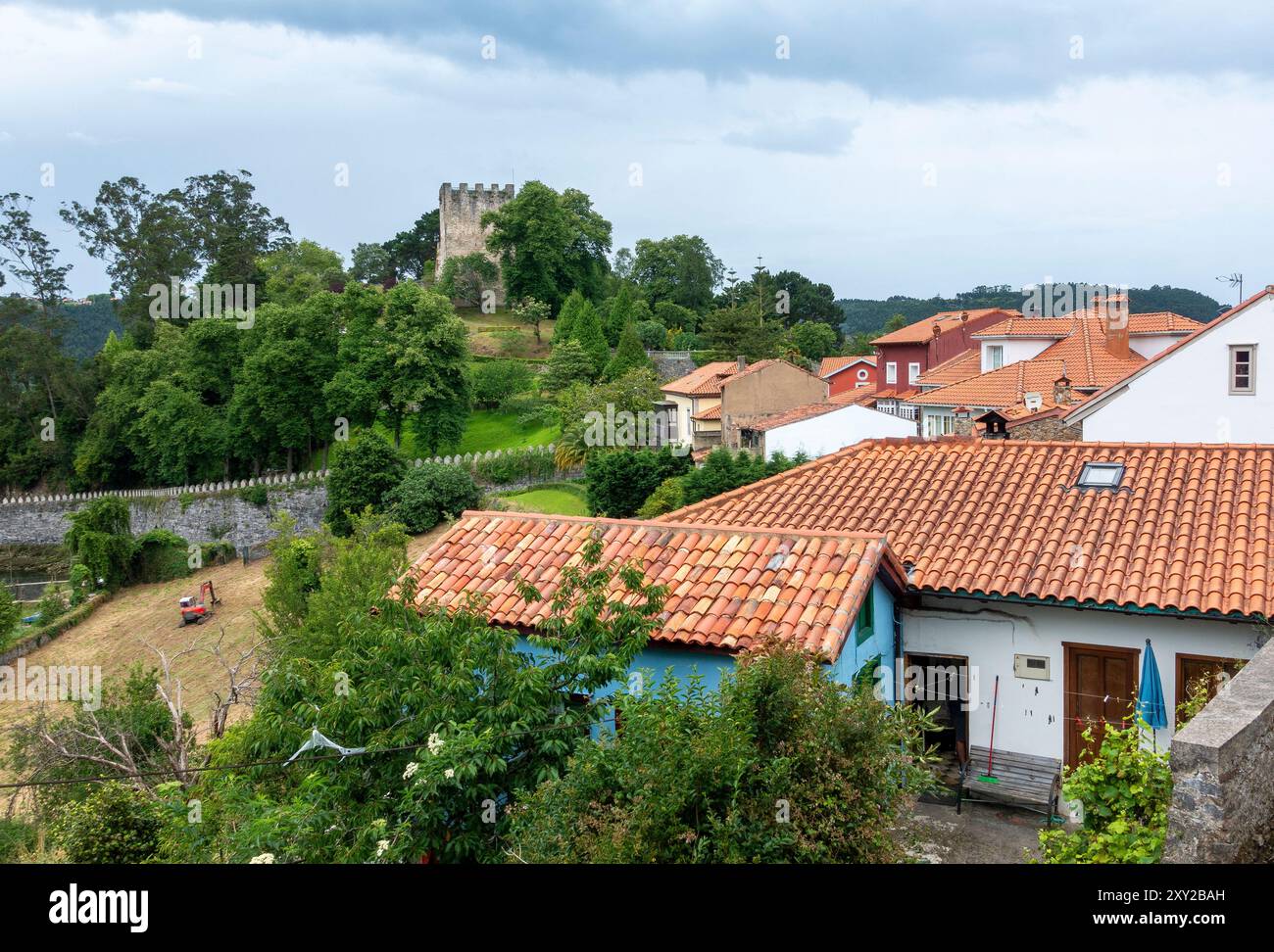 Nestled among vibrant trees and rustic homes, the impressive Castle of ...