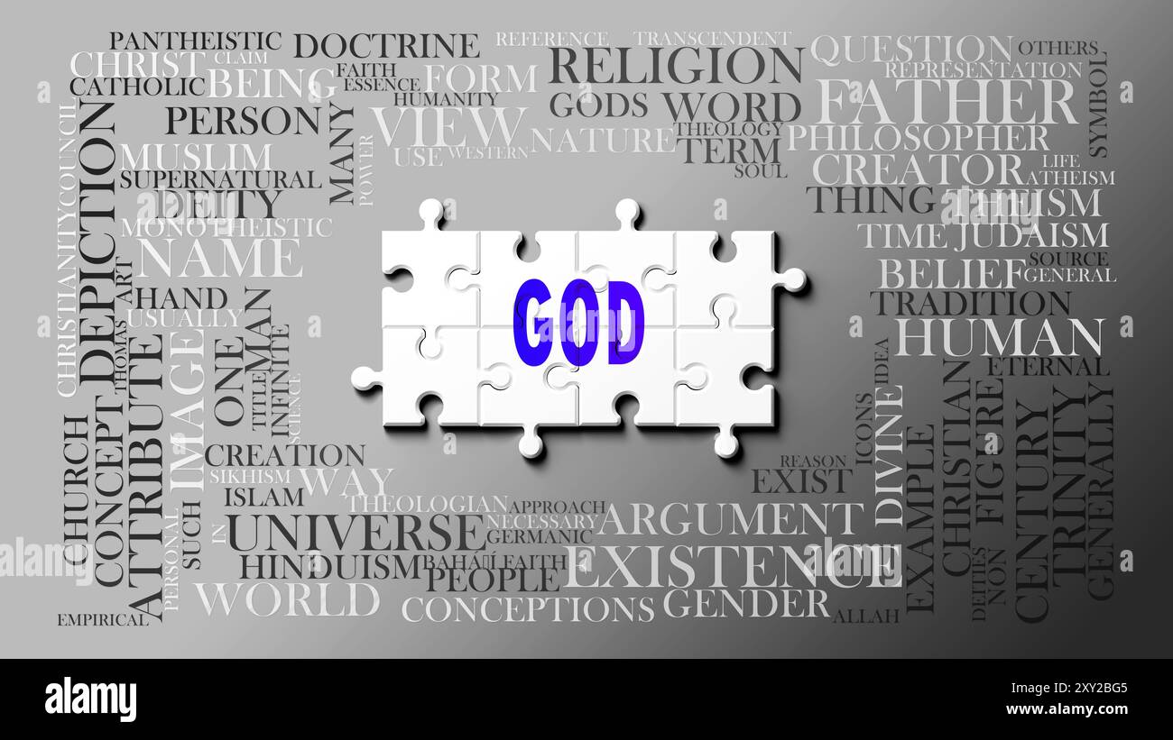 God As A Complex Subject Related To Important Topics Spreading Around As A Word Cloud Stock