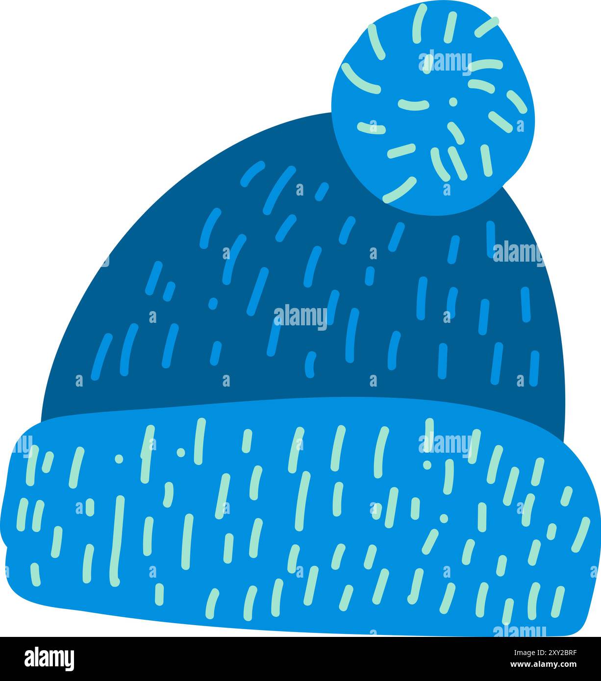 Knitted blue hat with pompom. Handmade warm winter clothes. Simple ...