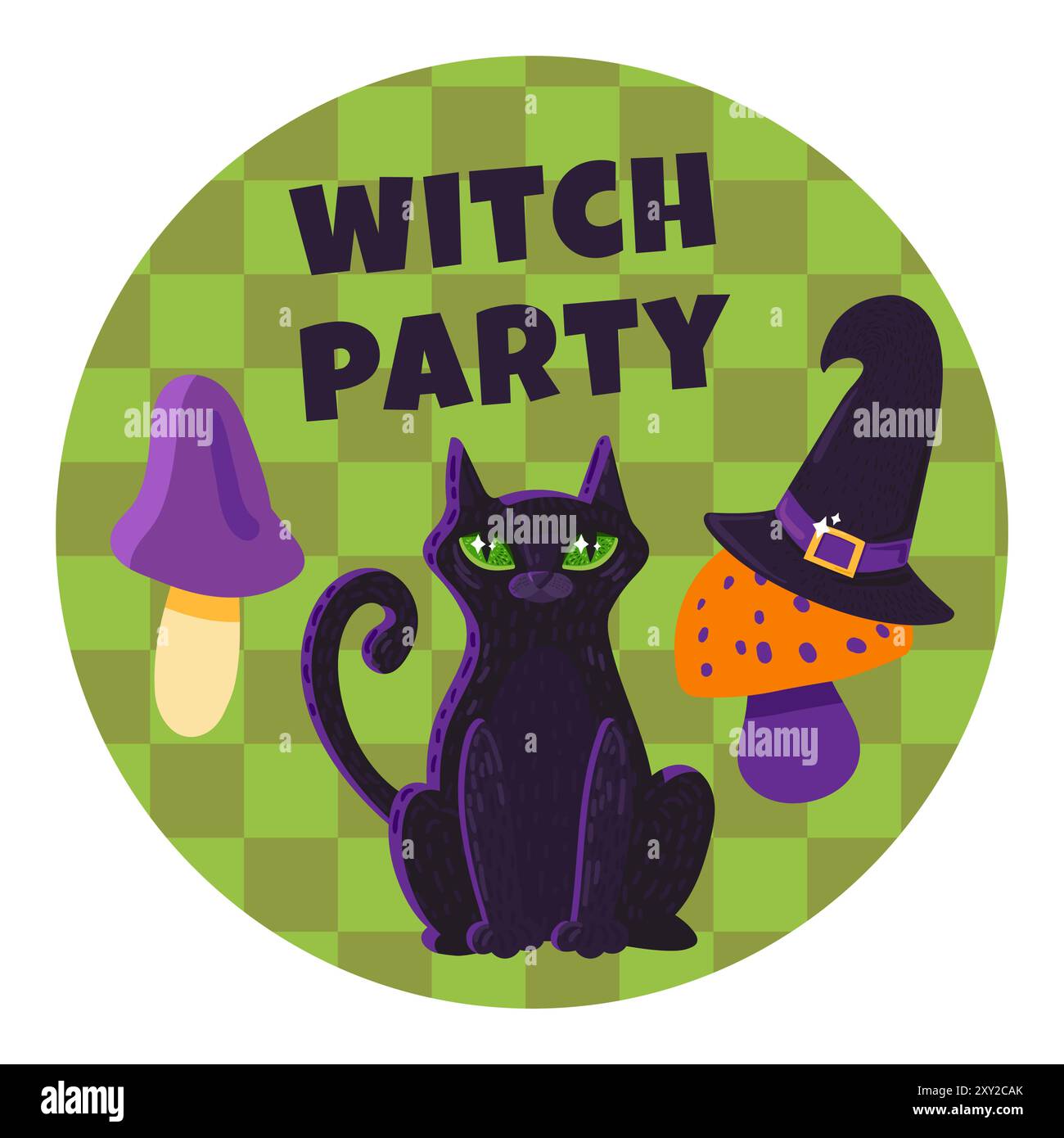 Festive round sticker with witch pet huge black cat, attributes of ...