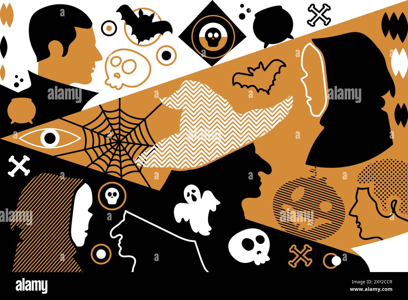 Horizontal Halloween Characters Party A4 Holiday poster in black and ...