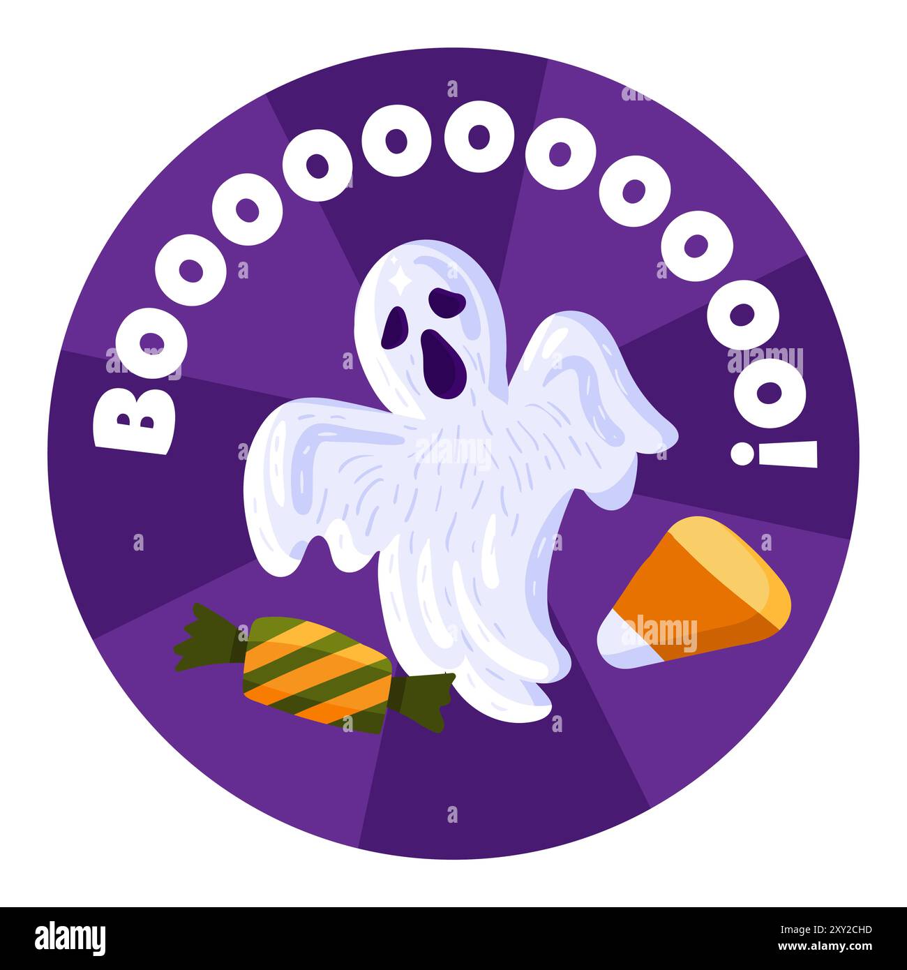 Festive round sticker with creepy scary ghost and Boo inscription ...