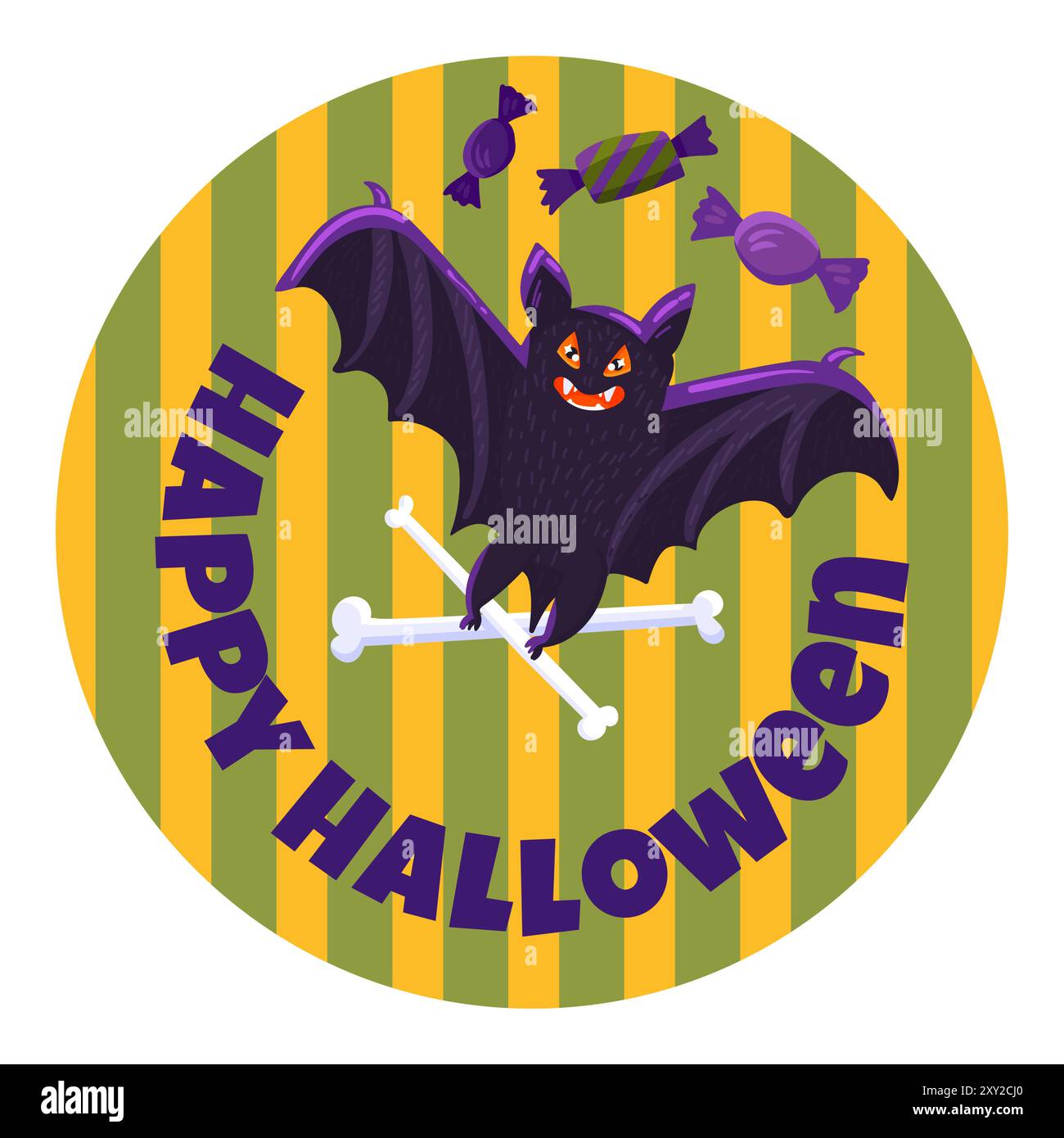 Festive round sticker with flying vampire bat with crossed bones in ...