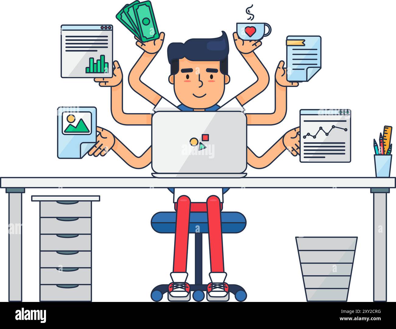 Busy office worker performs several tasks at same time. Workplace of ...