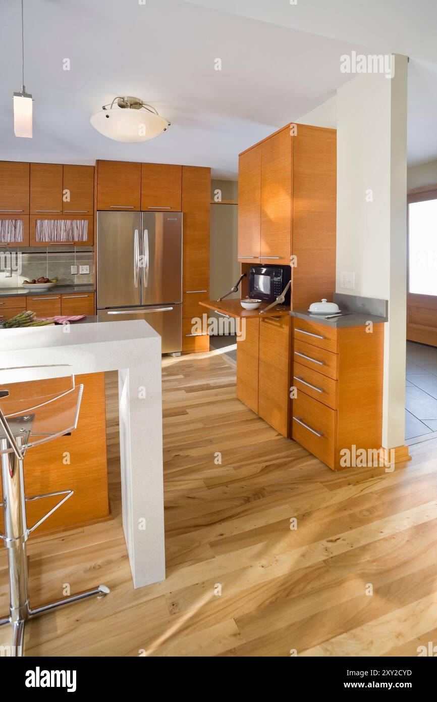 Portion of kitchen showing cabinet with pull down door for microwave ...