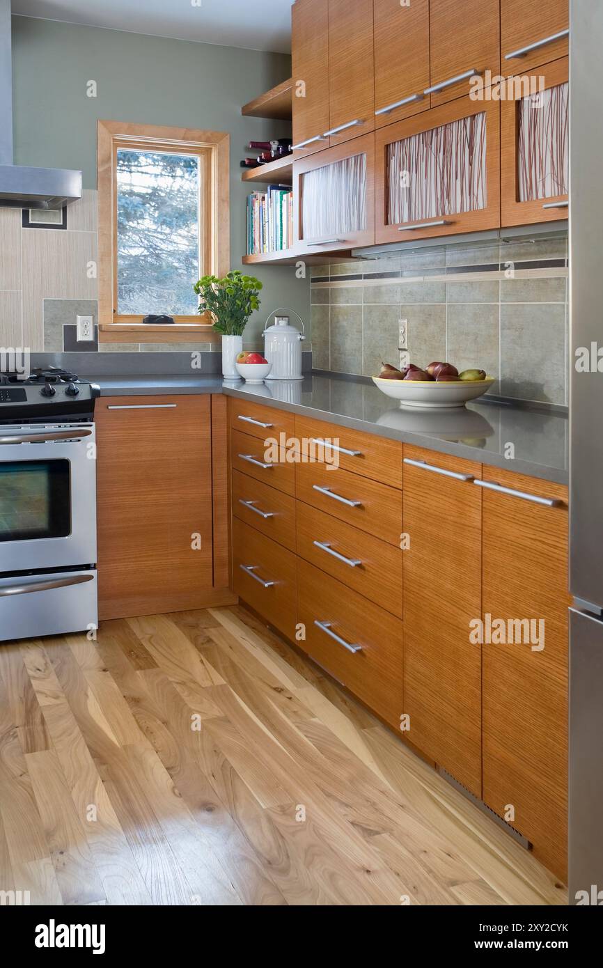 Corner of kitchen showing quarter sawn oak cabinets with horizontal ...