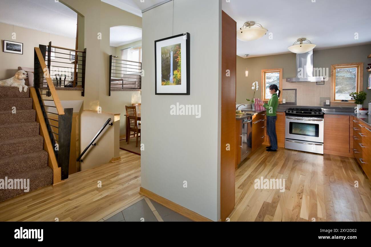 Full view of interior of split level home showing kitchen and raised ...