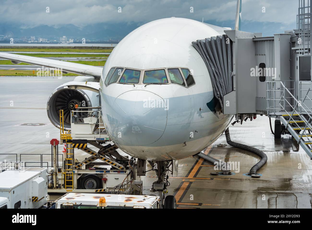 A passenger aircraft connected to the jet bridge or boarding bridge at ...