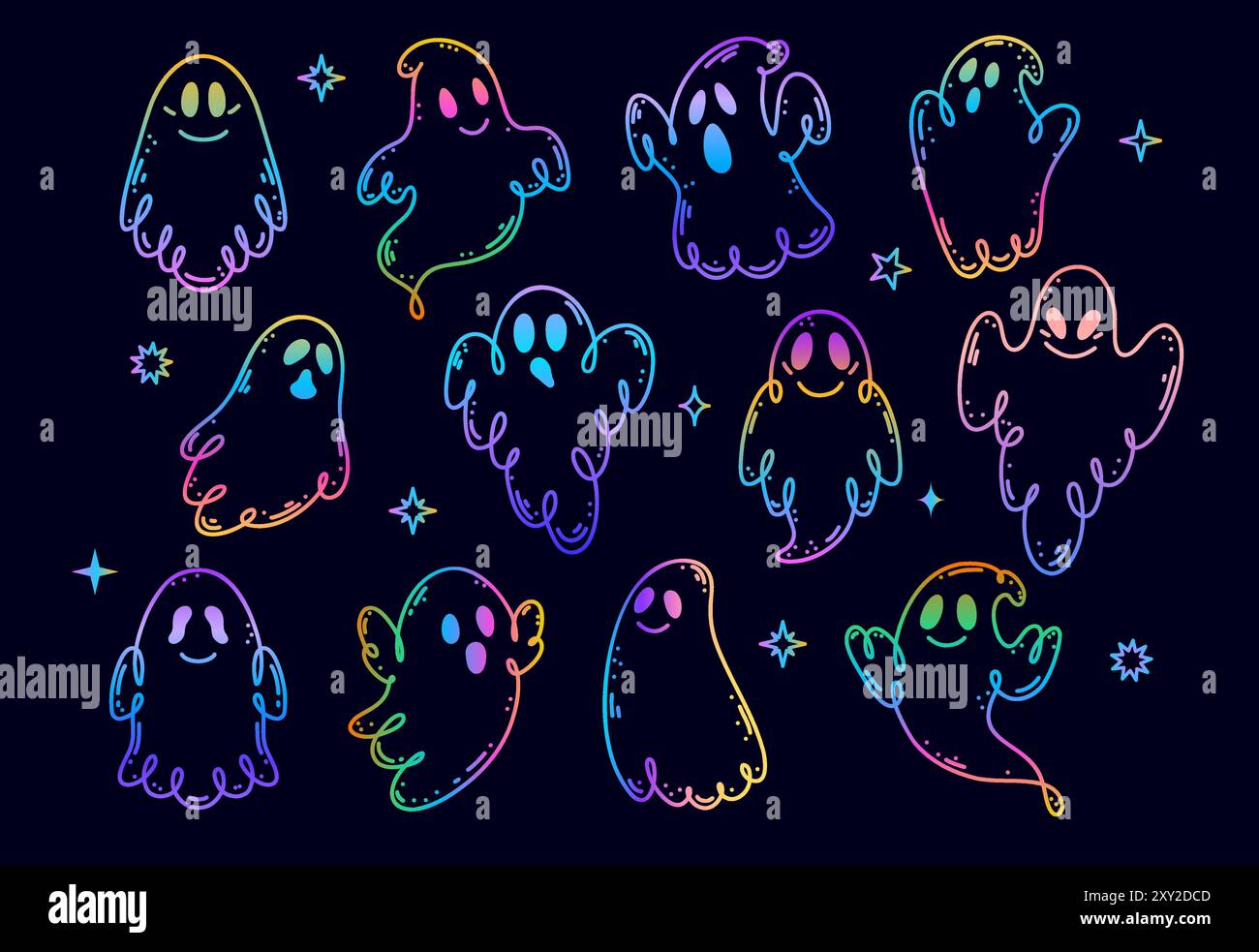 Set of cute ghosts in doodle style in gradient colors Stock Vector ...