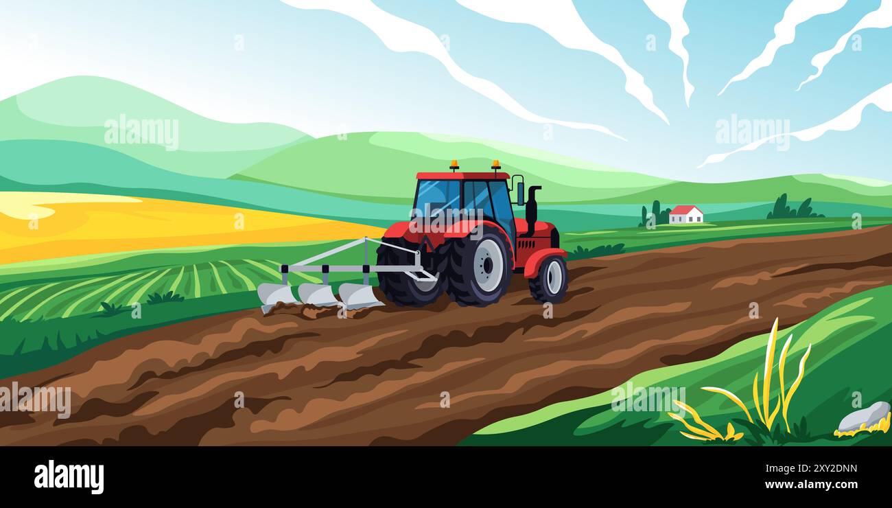 Tractor field landscape. Agricultural work farming tractors rural ranch ...