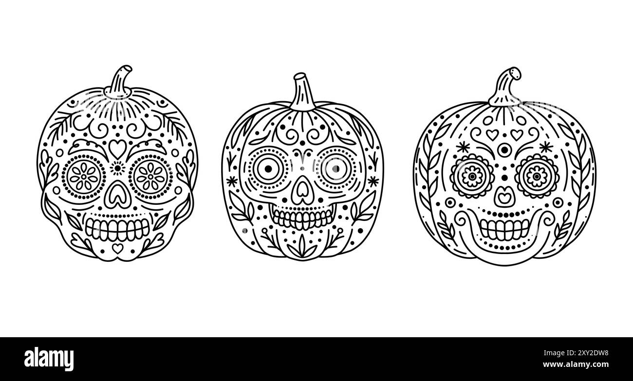 Set of Halloween pumpkins with faces of traditional mexican holiday Day ...