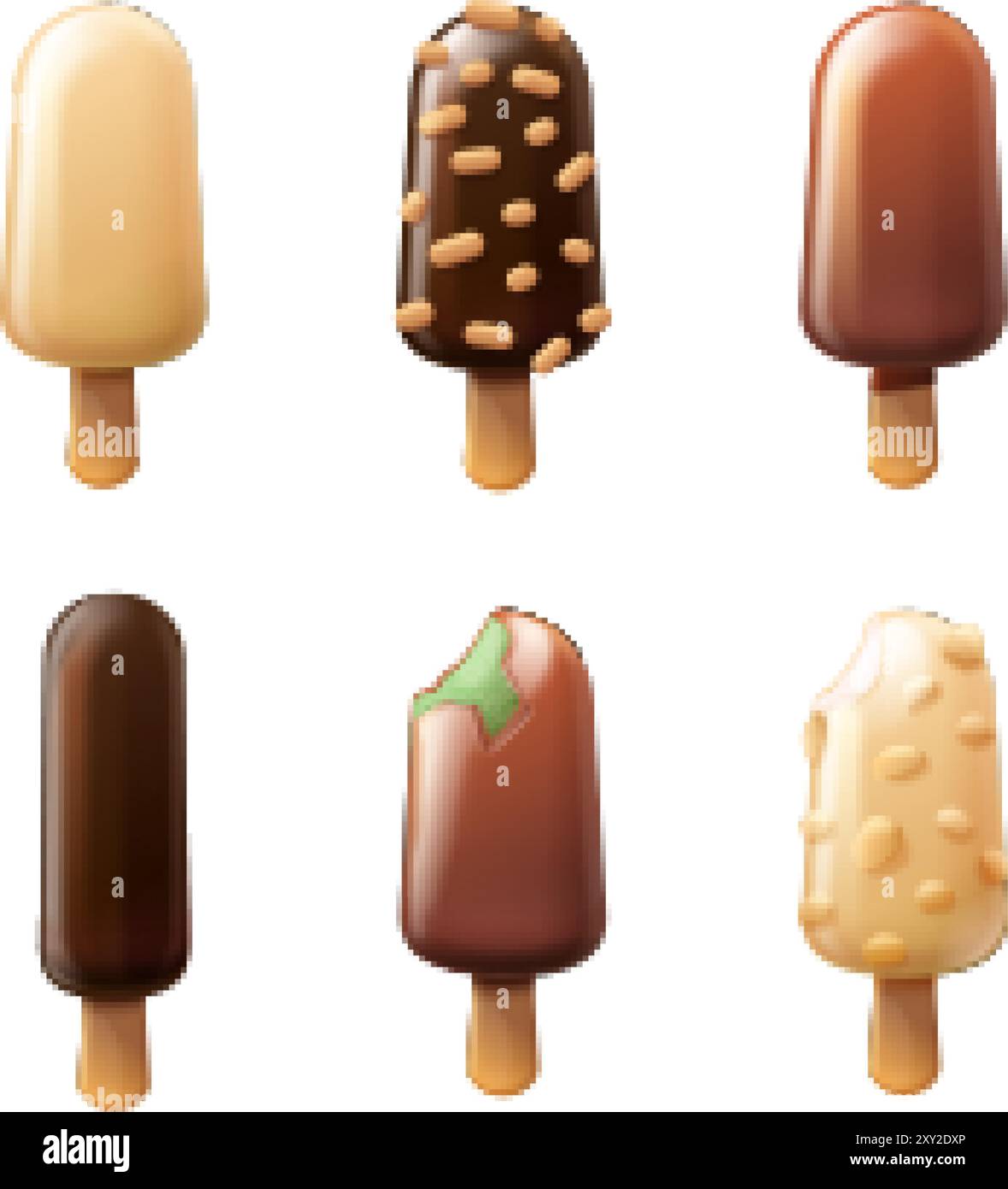 3d chocolate popsicles. Realistic popsicle, ice cream with nuts covered ...