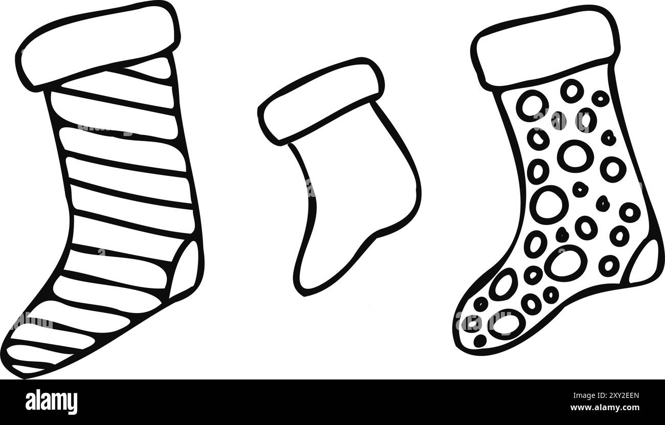 Simple black and white doodle of three vector Christmas stockings with ...