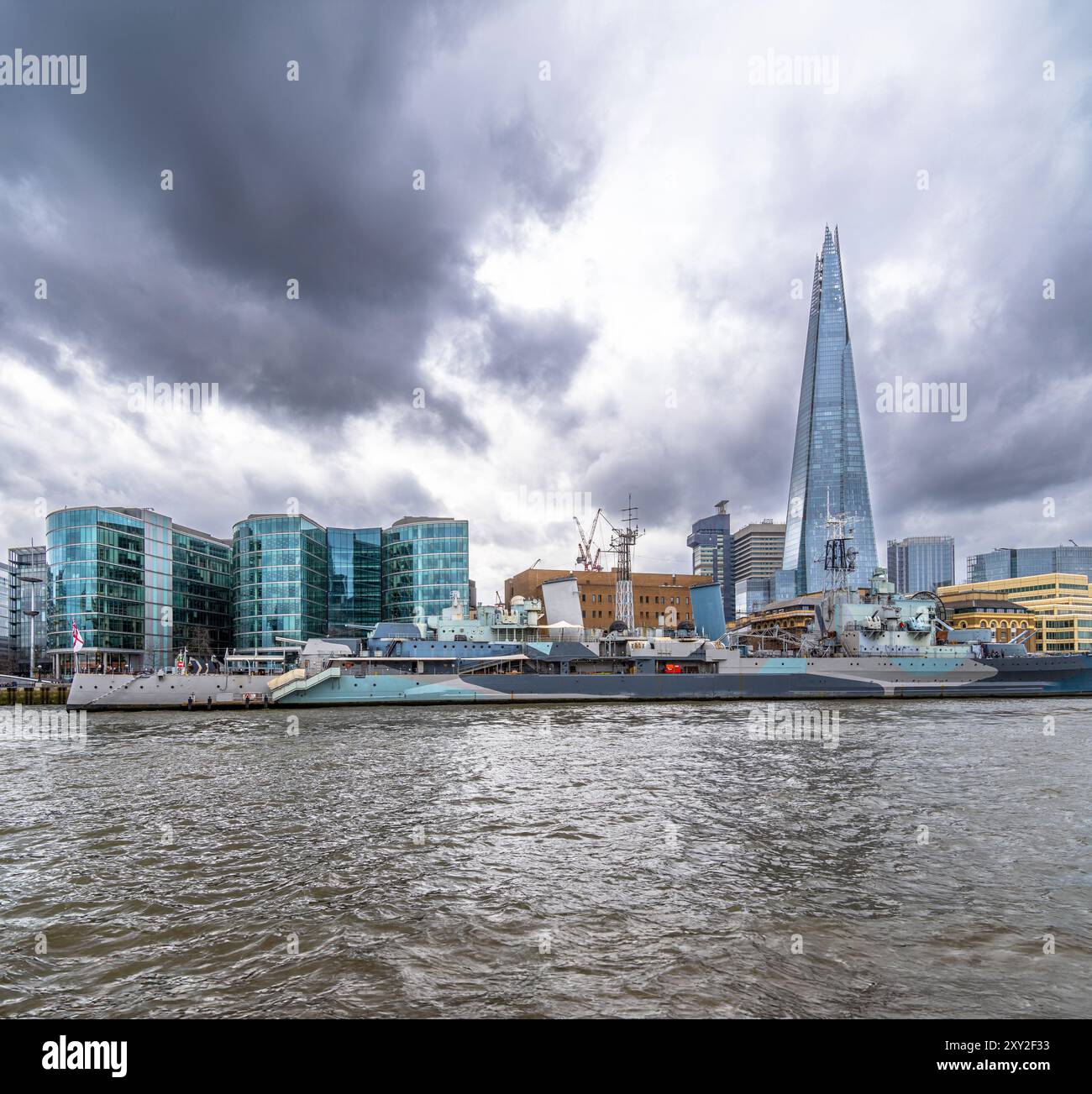 Panoramic side view of the floating war museum ship HMS Belfast docked ...