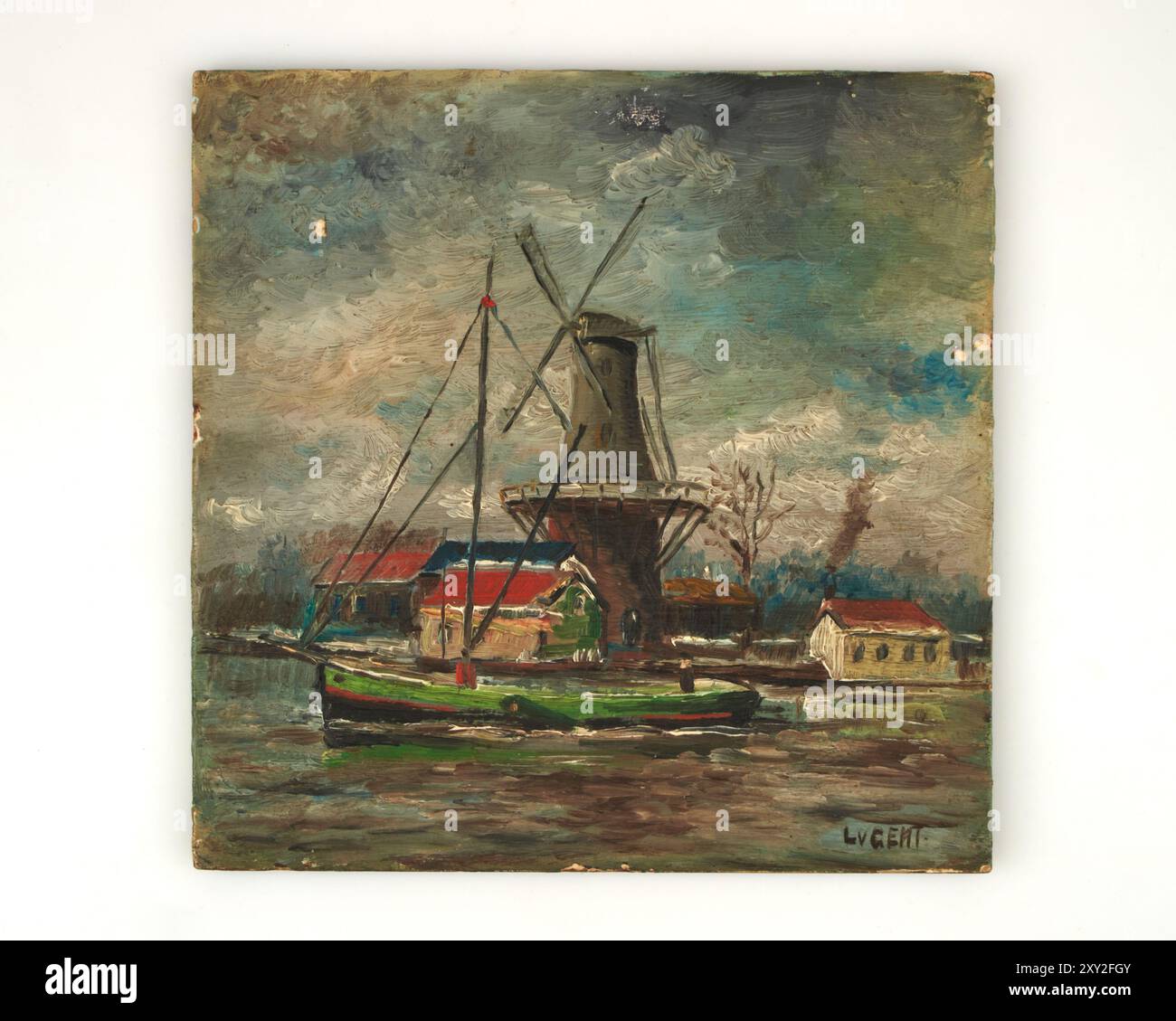 Antique 1900s Dutch or German wind mill and barge oil painting on ...
