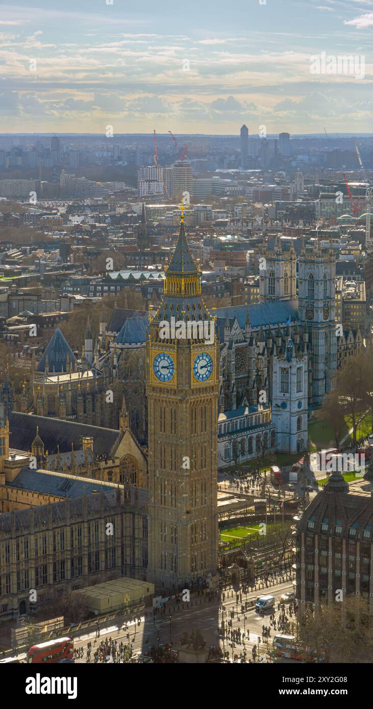 Aerial view of Big Ben and Westminster Abbey at dusk with the city of ...