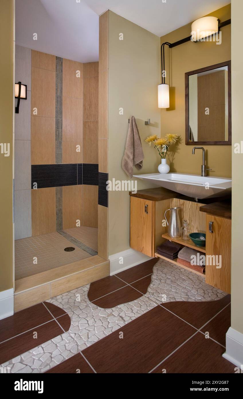 Modern bathroom with walk-in shower and "path" of white tile on brown ...