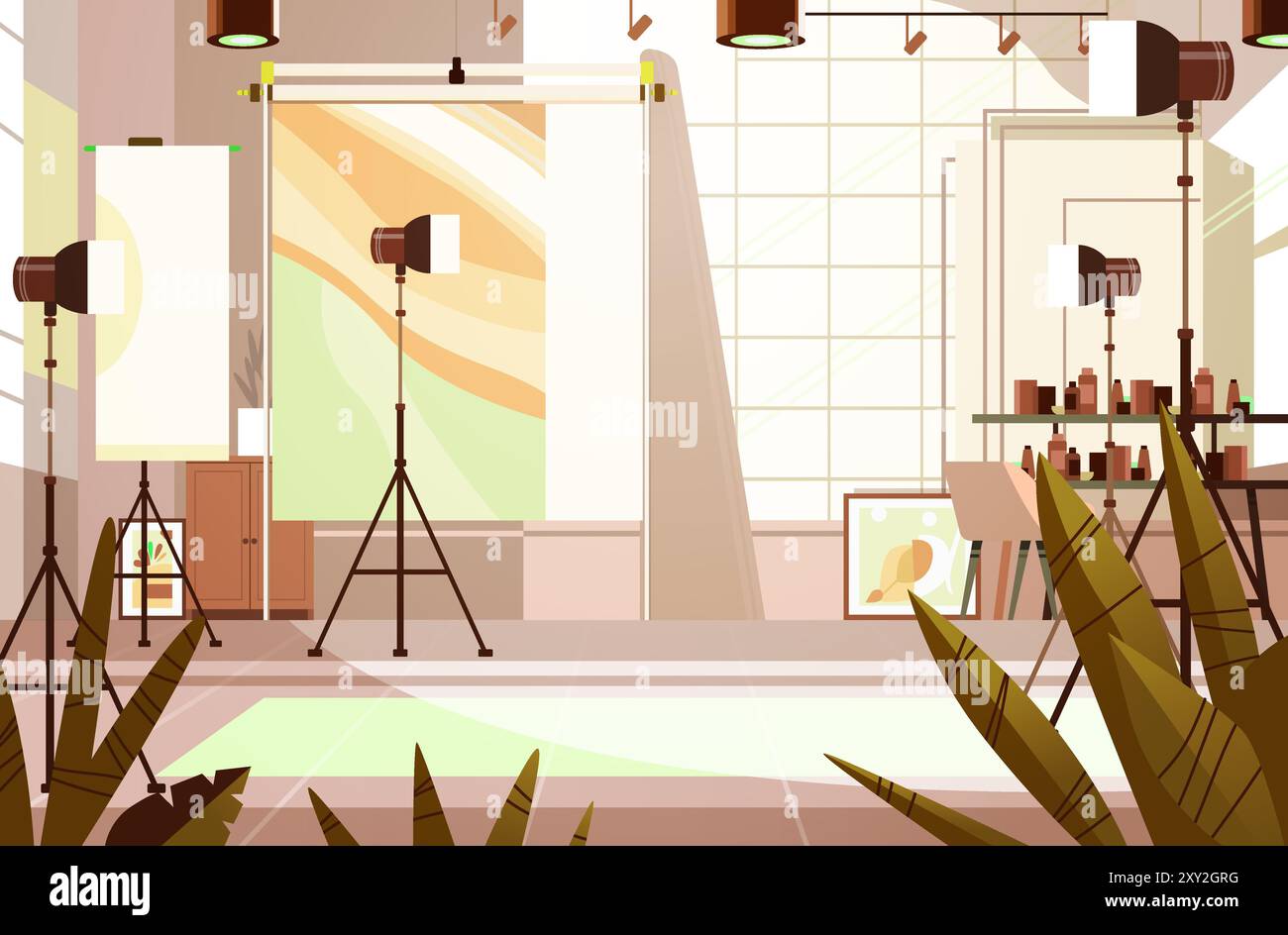 Photography studio interior with lighting equipment and backdrops ...