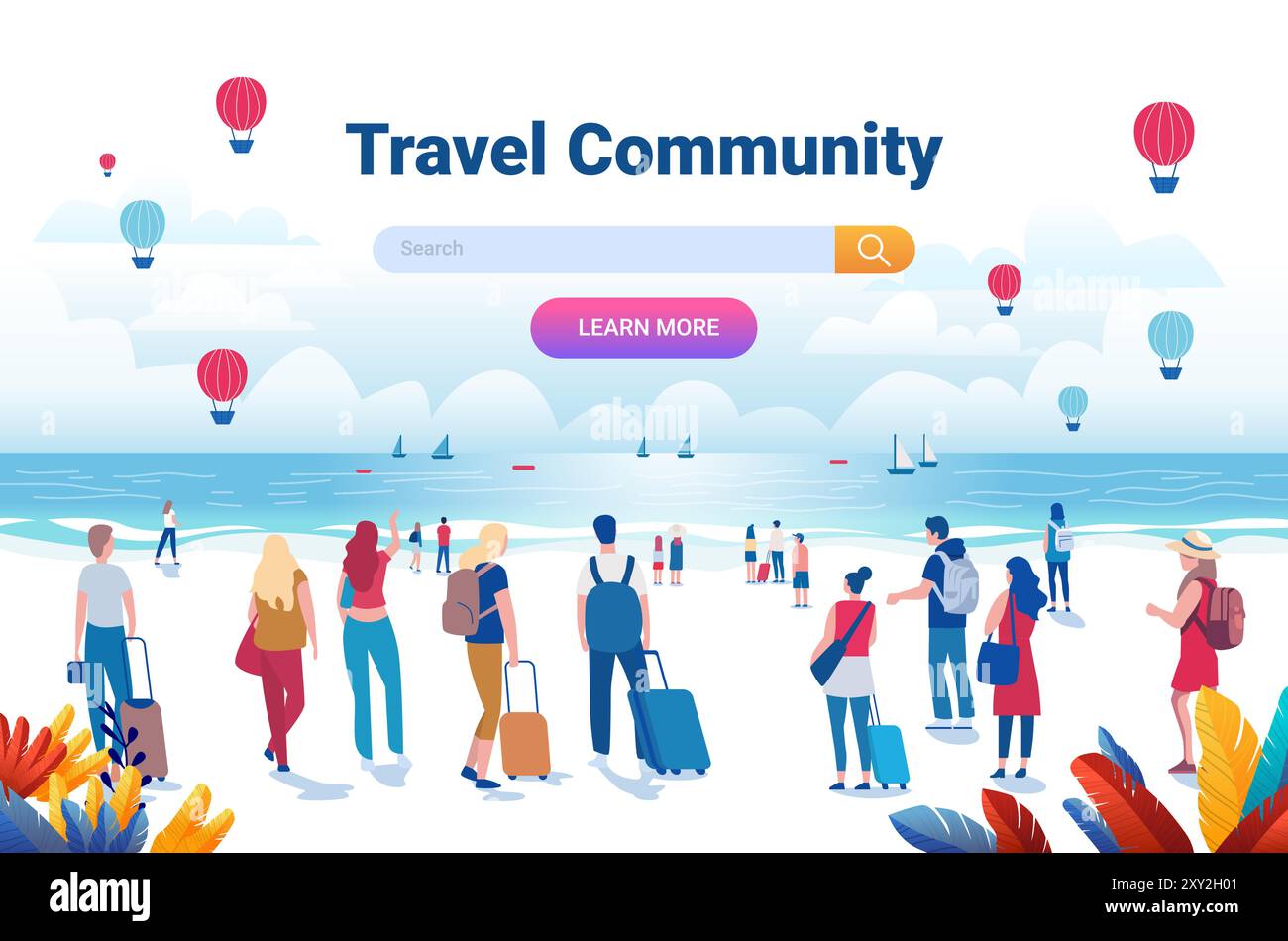 Travel community beach scene with travelers exploring seaside with hot ...