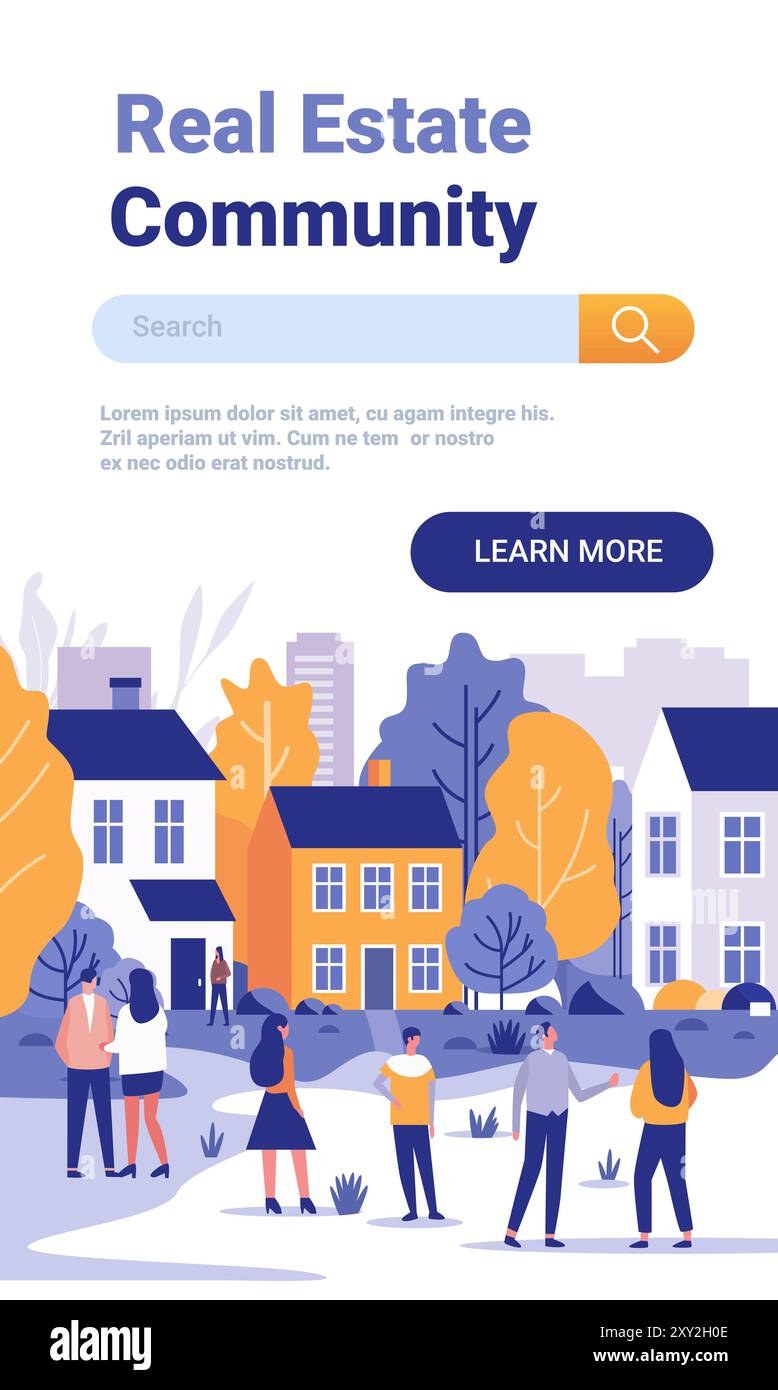 Real estate community people interacting outdoors colorful houses trees ...