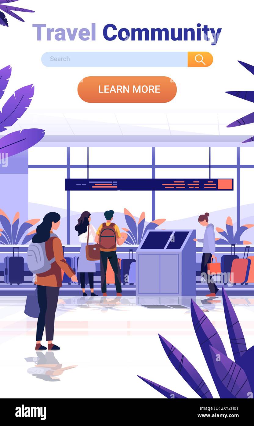 Travel community airport scene travelers checking in at terminal with ...