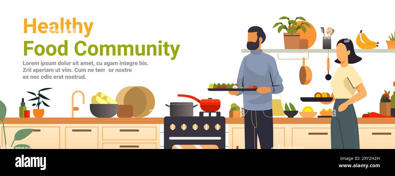 Healthy food community cooking in kitchen Modern kitchen scene with two ...