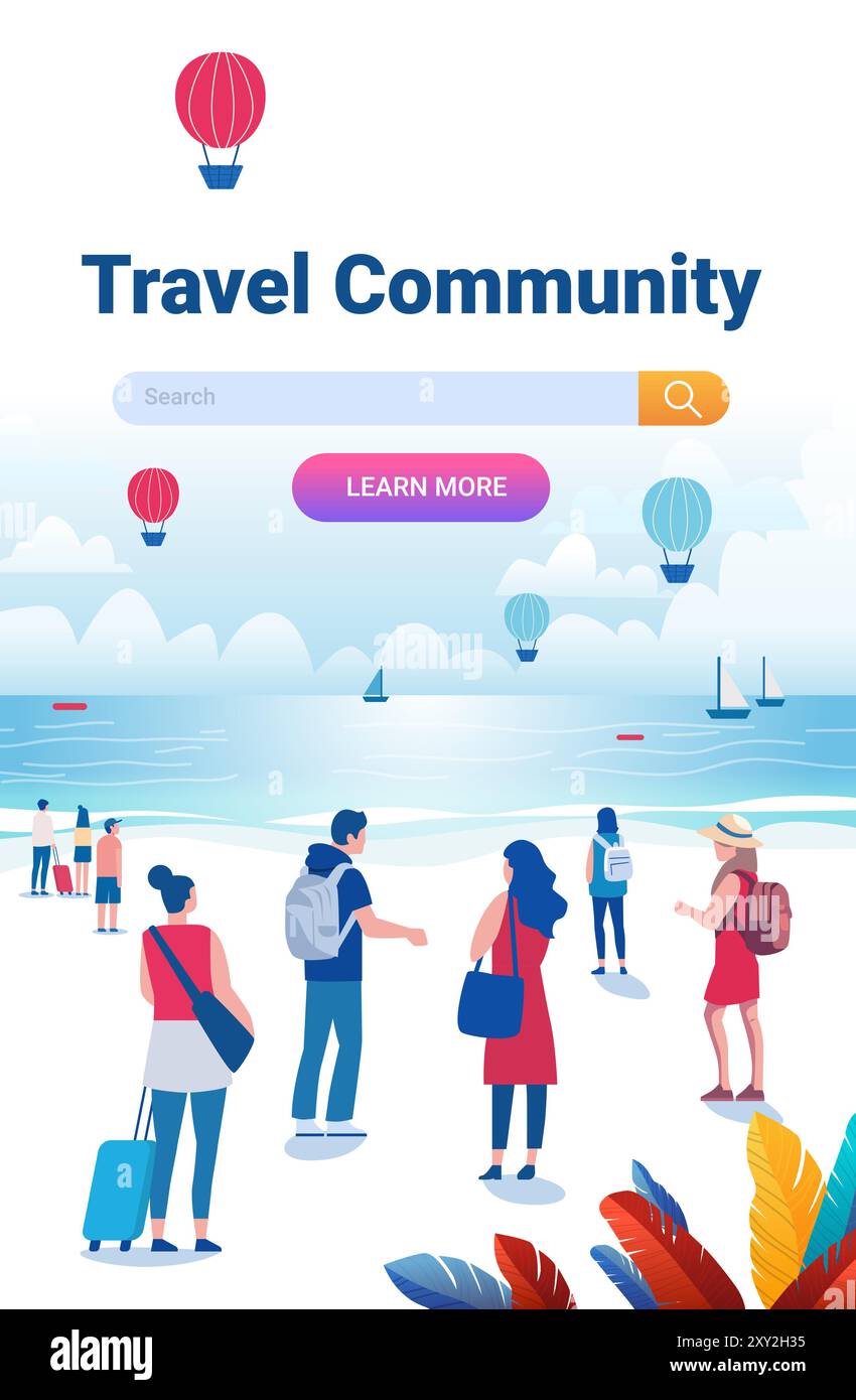 Travel community beach scene people exploring hot air balloons sailing ...