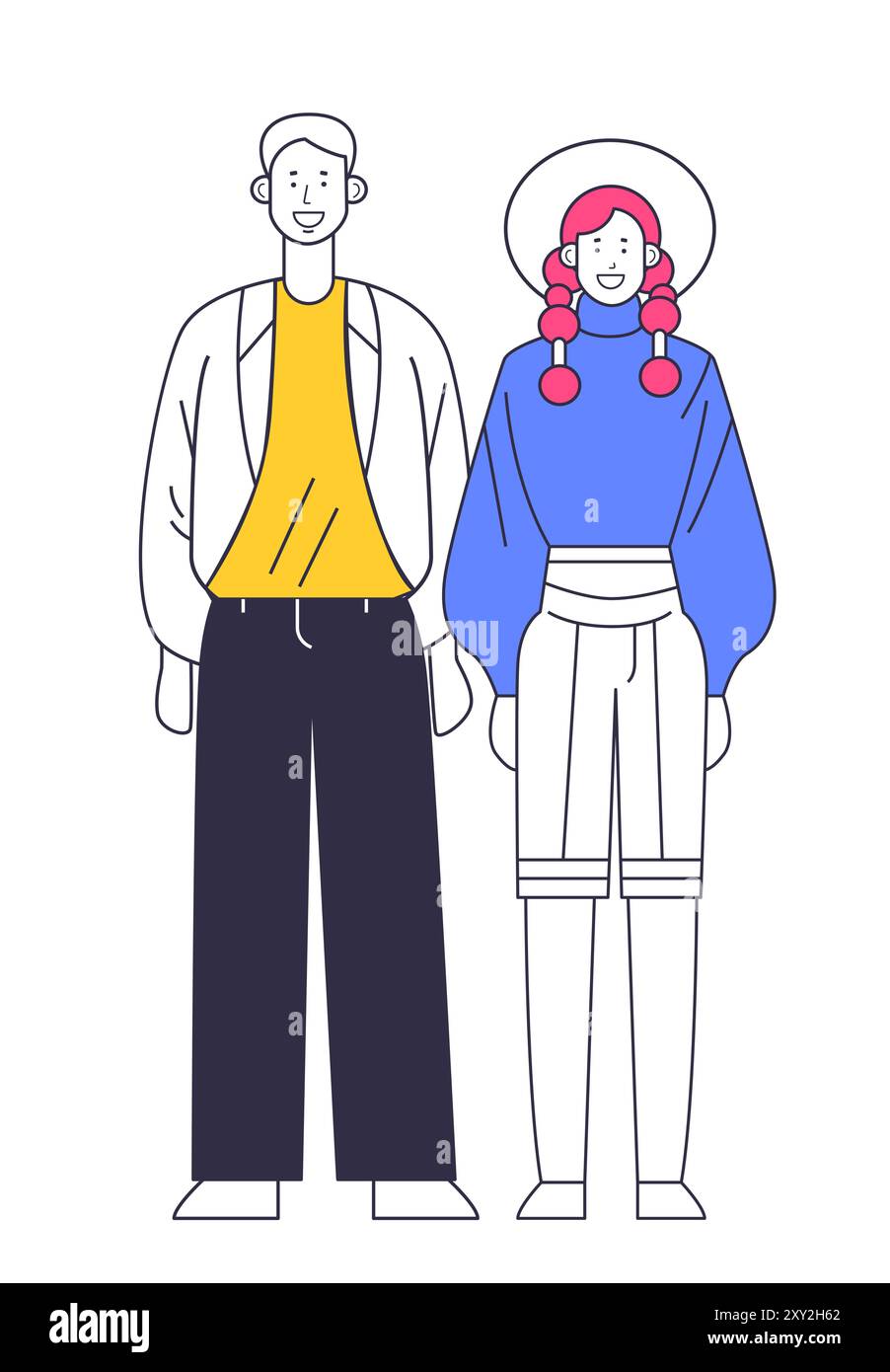 Stylized of a smiling man and woman standing side by side featuring ...