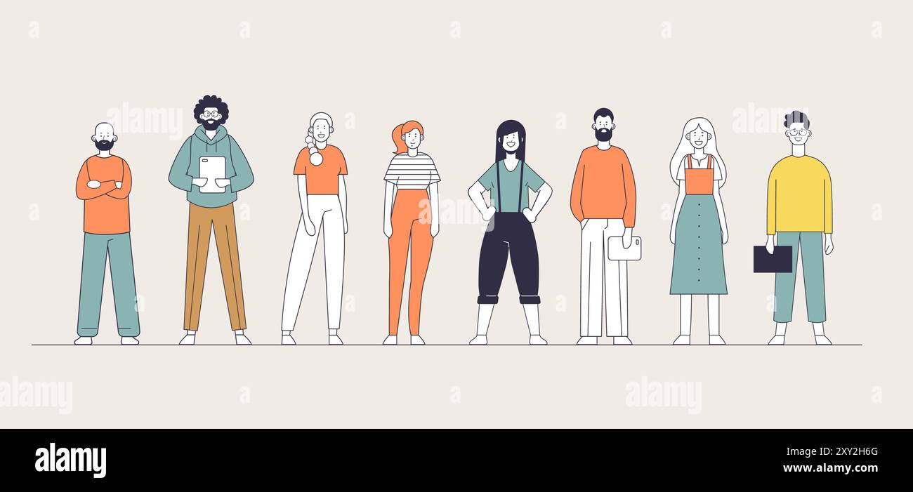 Diverse group of people standing in line wearing casual clothing in a ...
